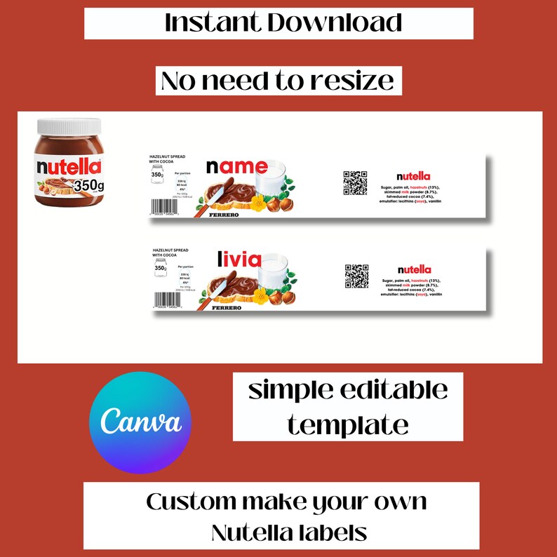 NUTELLA TEMPLATE Instant Download Template Editable Name Chocolate ...