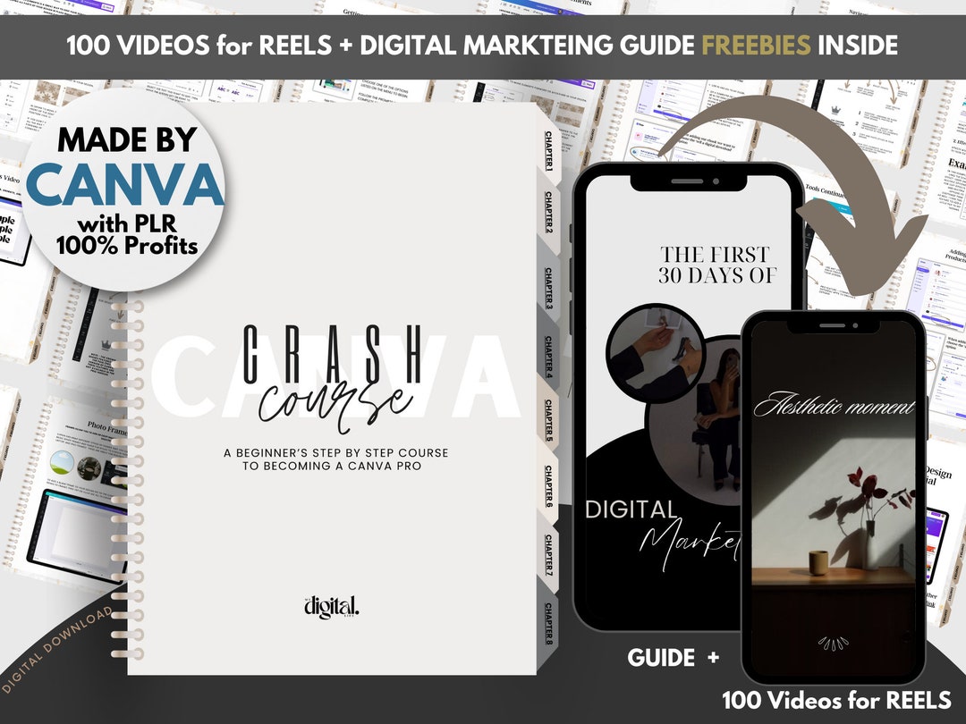 Canva Crash Course Ebook PLR MRR, BONUS Digital Marketing Guide 100 Reels, Done for You Digital ...