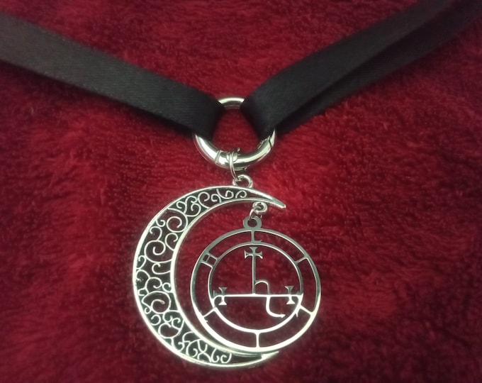 Satanic Sigil of Lilith & Crescent Moon Satin Choker With O Ring ...