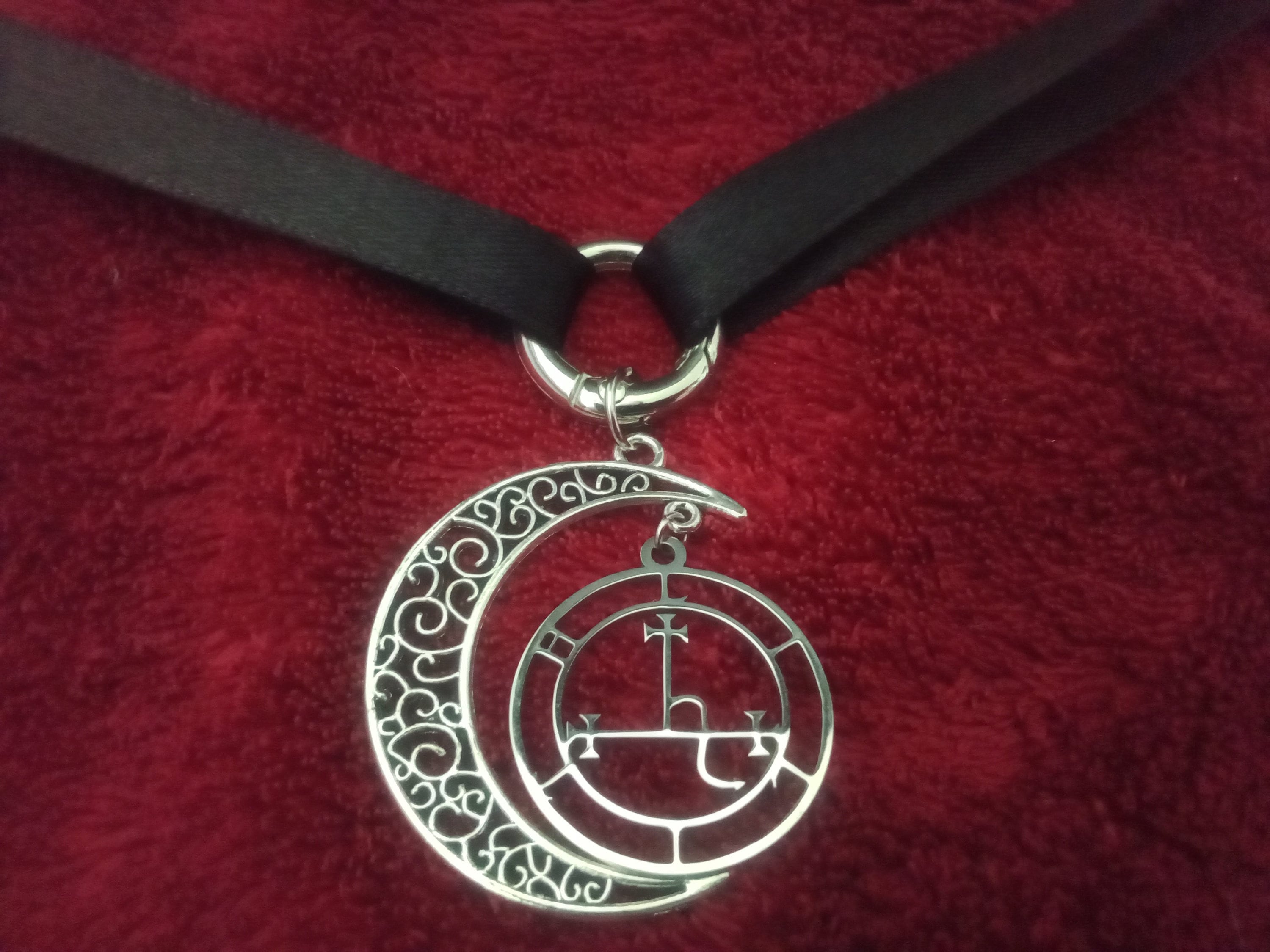 Satanic Sigil of Lilith & Crescent Moon Satin Choker With O Ring ...