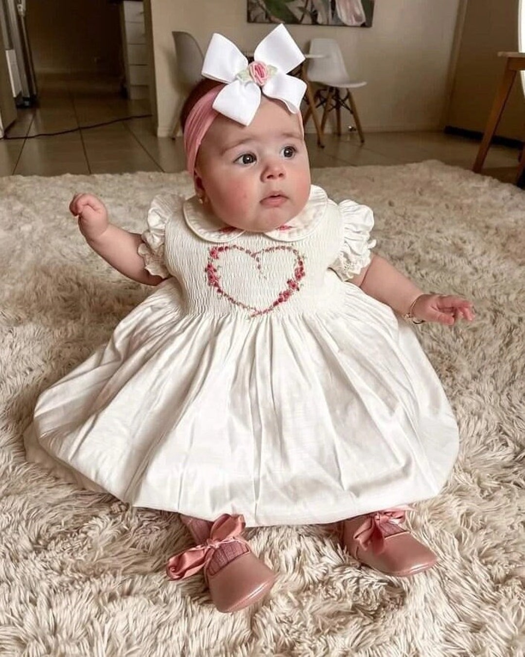 Cream Color Dress, Hand Smocked Dress, Heart Embroidery, Baby Girl ...
