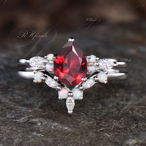 Vintage Pear Cut Ruby Engagement Ring Set July Birthstone Red Gemstone Wedding Ring Opal ...