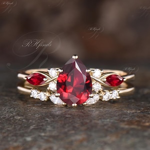 Unique Teardrop Ruby Ring Set Vintage Pear Cut Ruby Engagement Ring Set Art Deco Open Gap ...