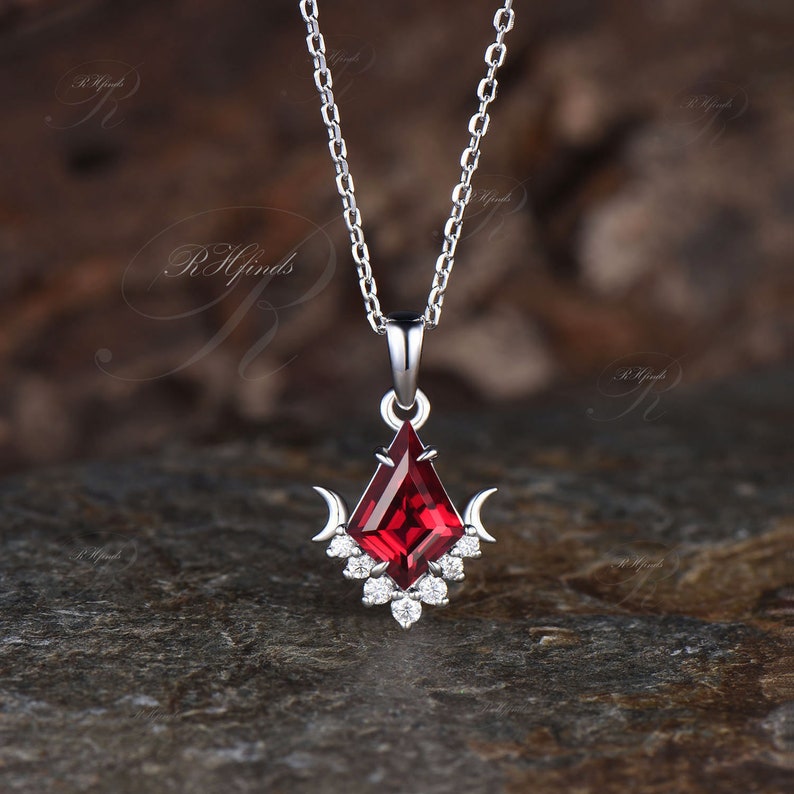 Minimalist Kite Cut Ruby Necklace Delicate July Birthstone Moon Pendant ...