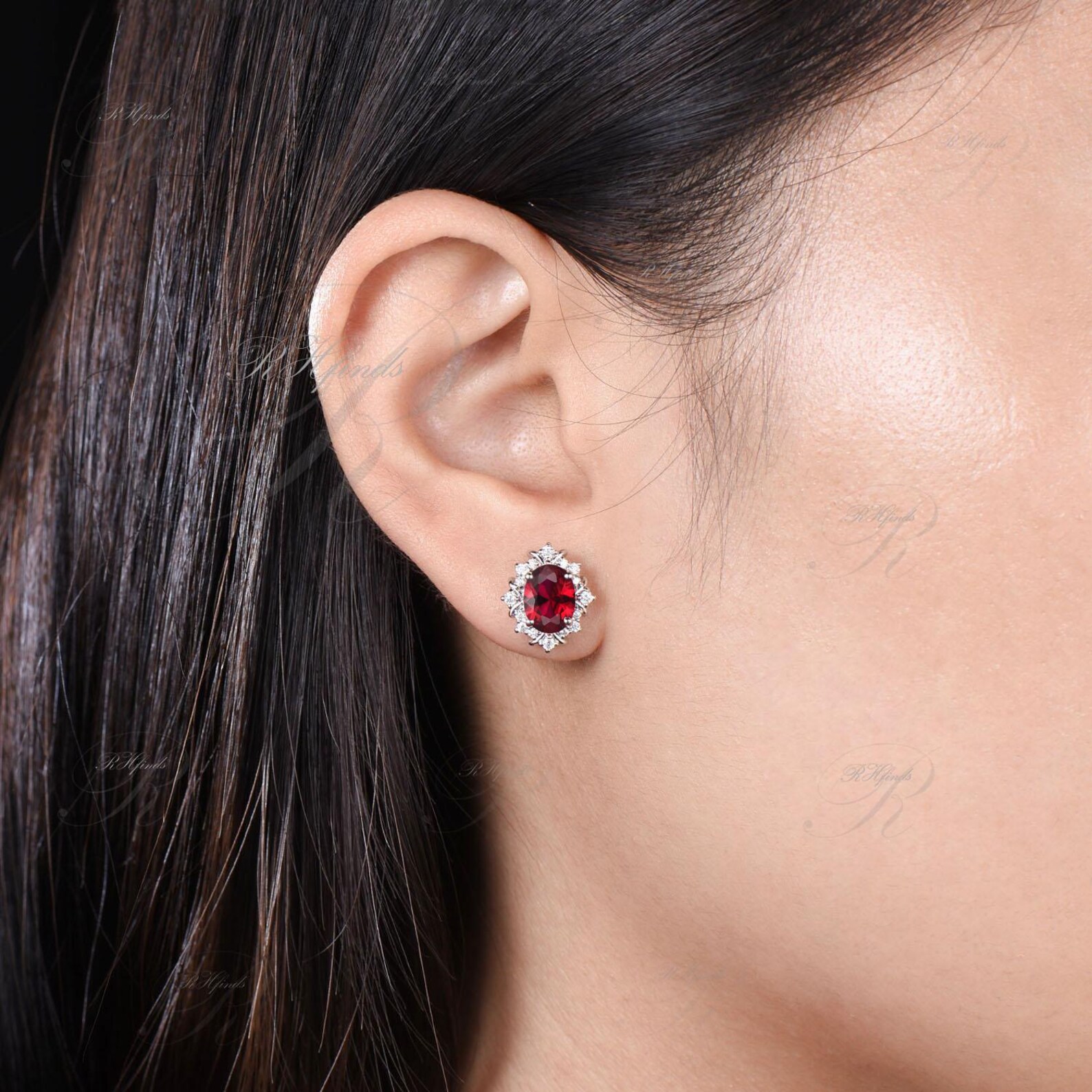 Vintage Oval Cut Ruby Stud Earrings Art Deco 14k White Gold Moissanite ...