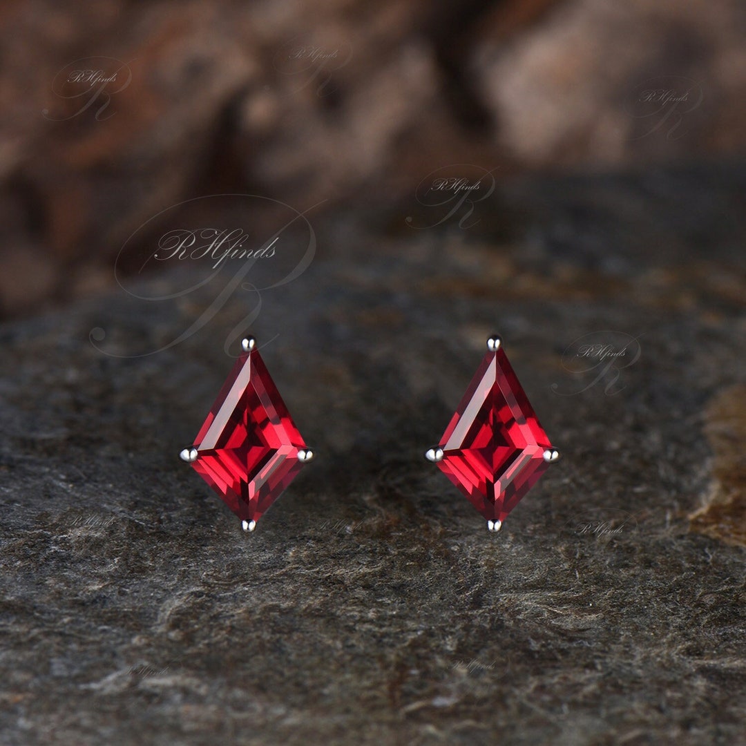 Vintage Kite Cut Ruby Earrings Unique Red Gemstone Solitaire Stud ...