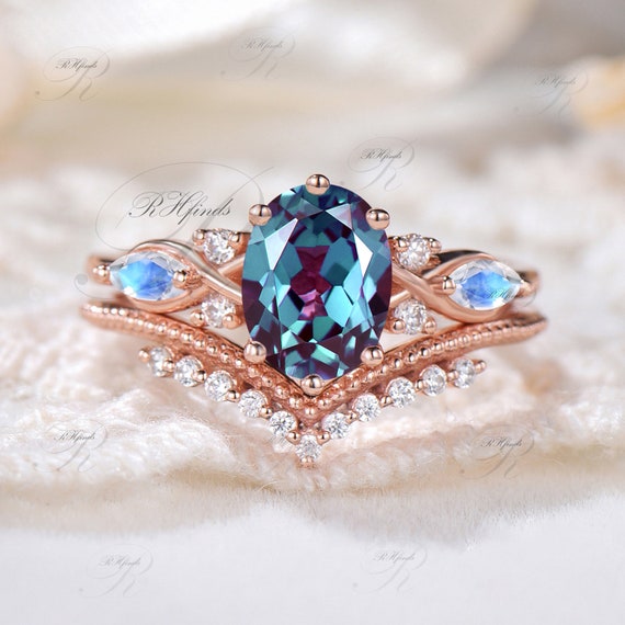 Rose Gold Alexandrite Ring Set Vintage Unique Oval Alexandrite - Etsy