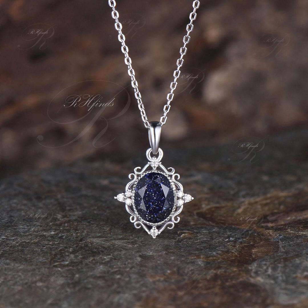 Milgrain Oval Cut Blue Sandstone Necklace Vintage 14k White Gold Galaxy ...