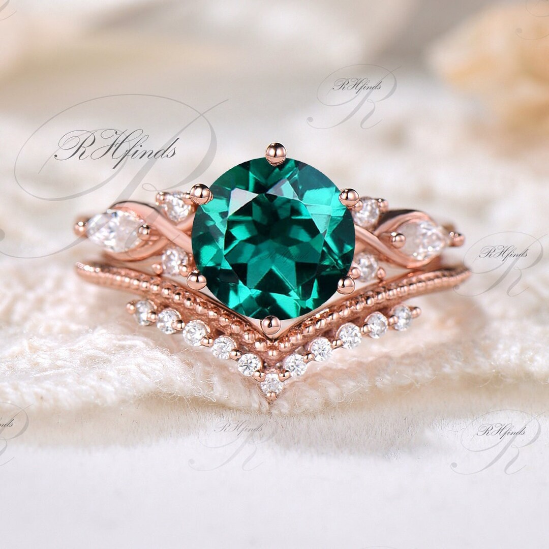 Vintage Rose Gold Round Cut Emerald Engagement Ring Set Twisted Split ...
