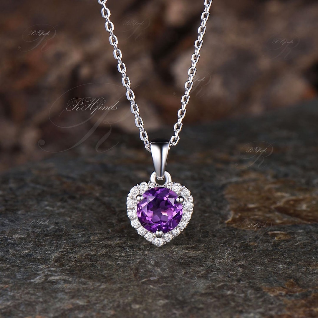Minimalist 1ct Round Cut Natural Amethyst Necklace Moissanite Halo ...
