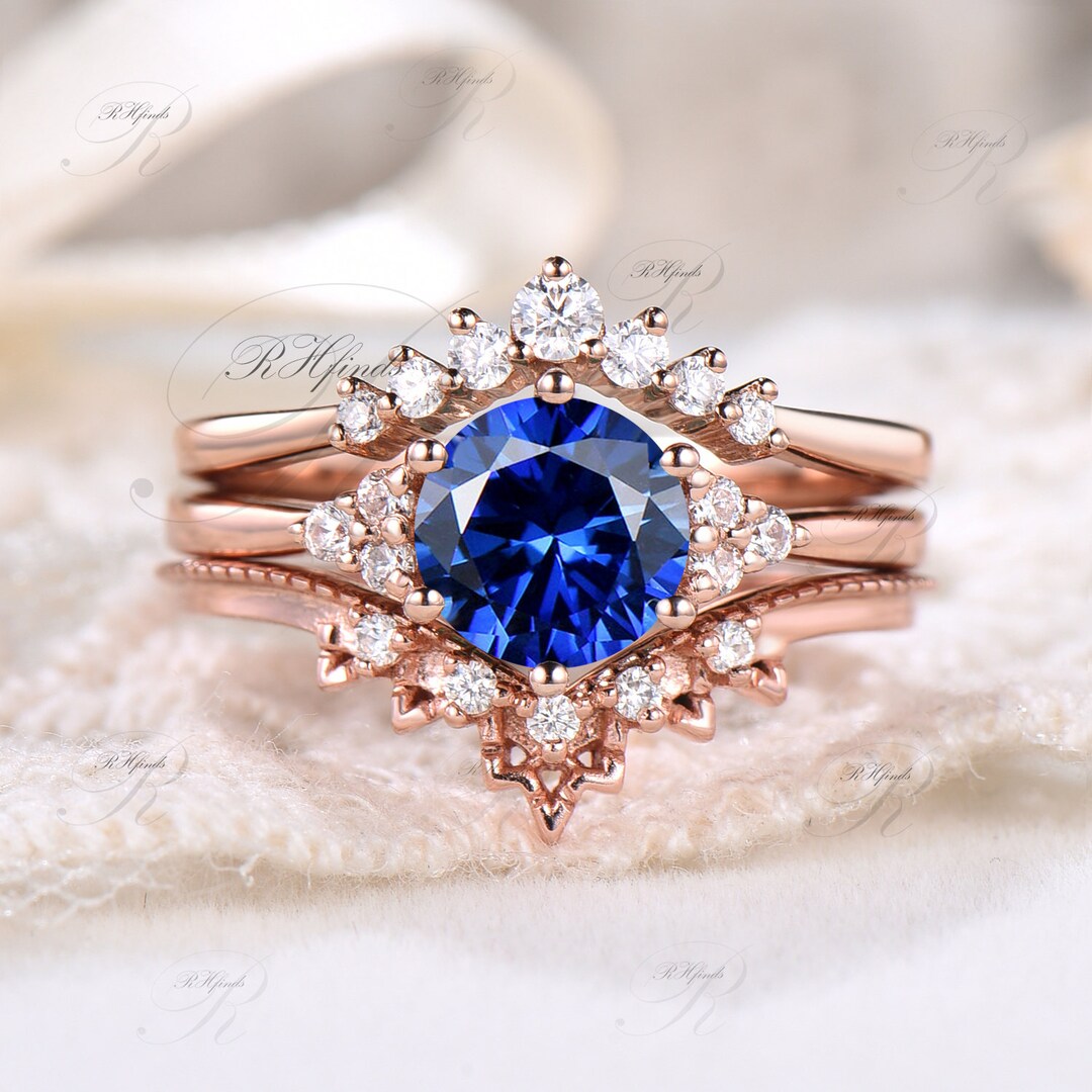Vintage Blue Sapphire Engagement Ring Set Unique Round Cut Blue ...