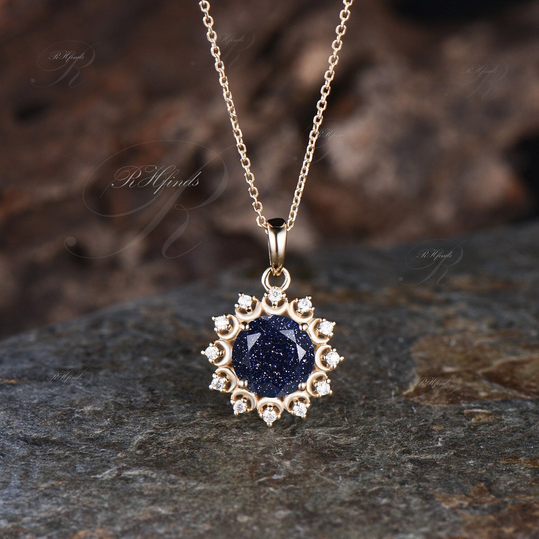 Art Deco Round Cut Galaxy Blue Sandstone Necklace Unique Blue Gemstone ...