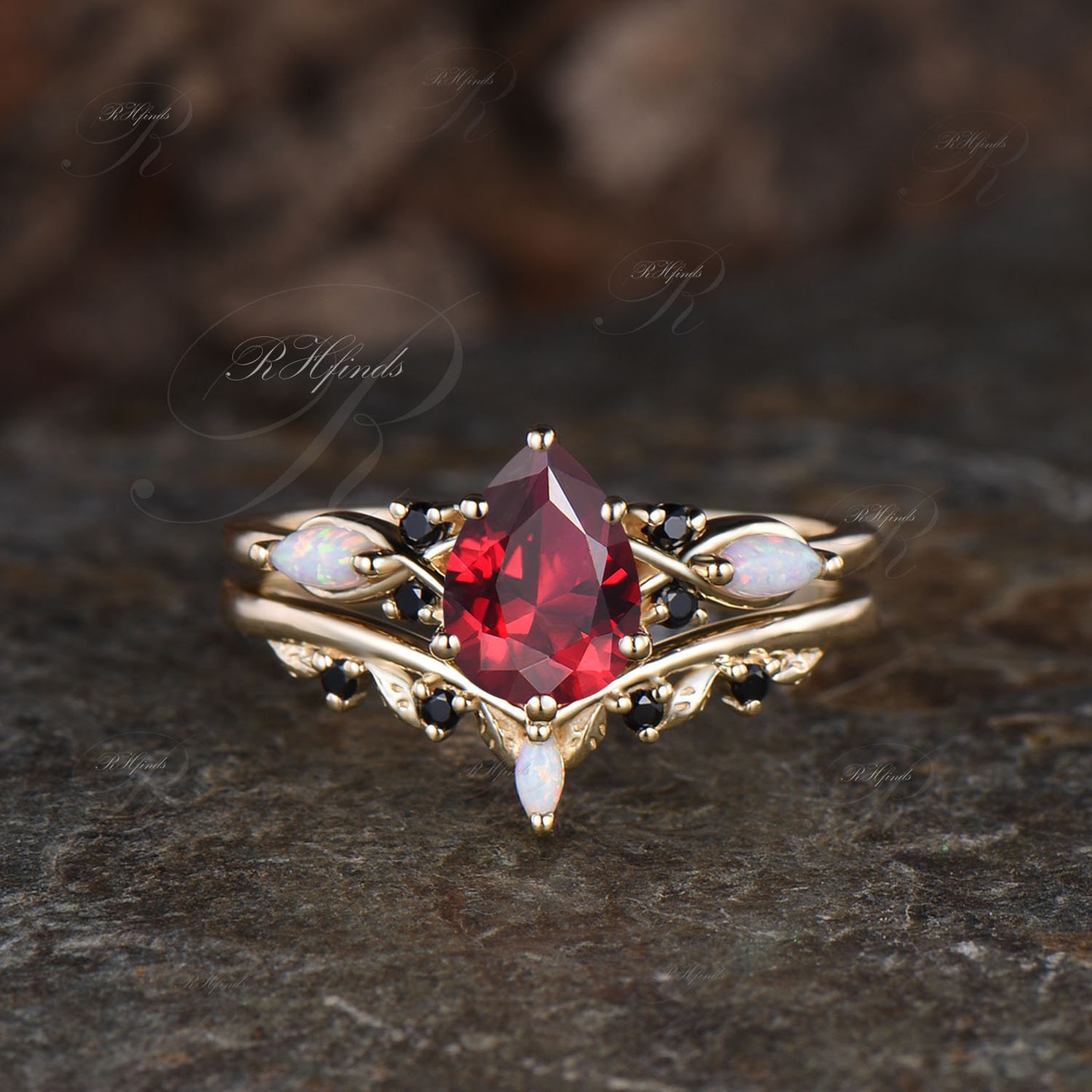 Pear Cut Ruby Engagement Ring Set Black Onyx Opal Cluster Wedding Ring ...