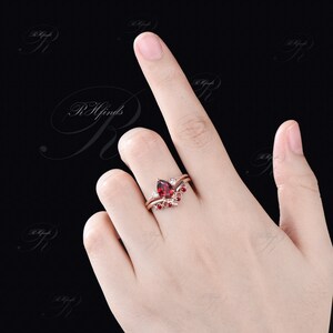 Vintage Teardrop Ruby Engagement Ring Set Milgrain Three Stone Wedding ...