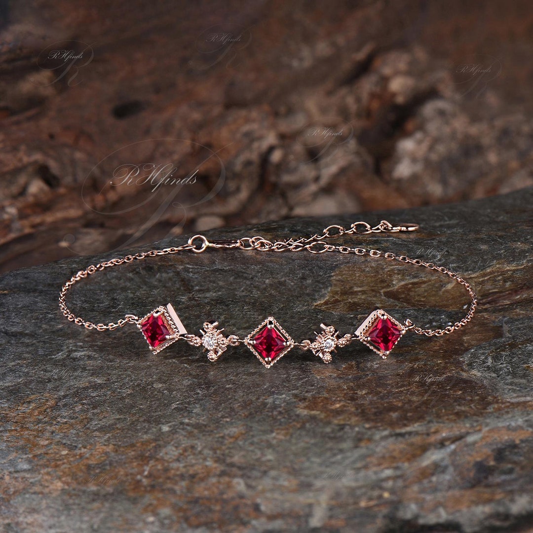 Vintage Princess Cut Ruby Bracelet Milgrain 14k Rose Gold Red Gemstone ...