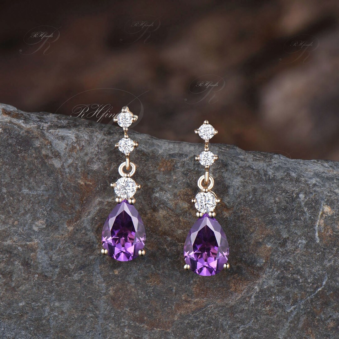 Delicate Pear Cut Natural Amethyst Drop Earrings Minimalist February ...