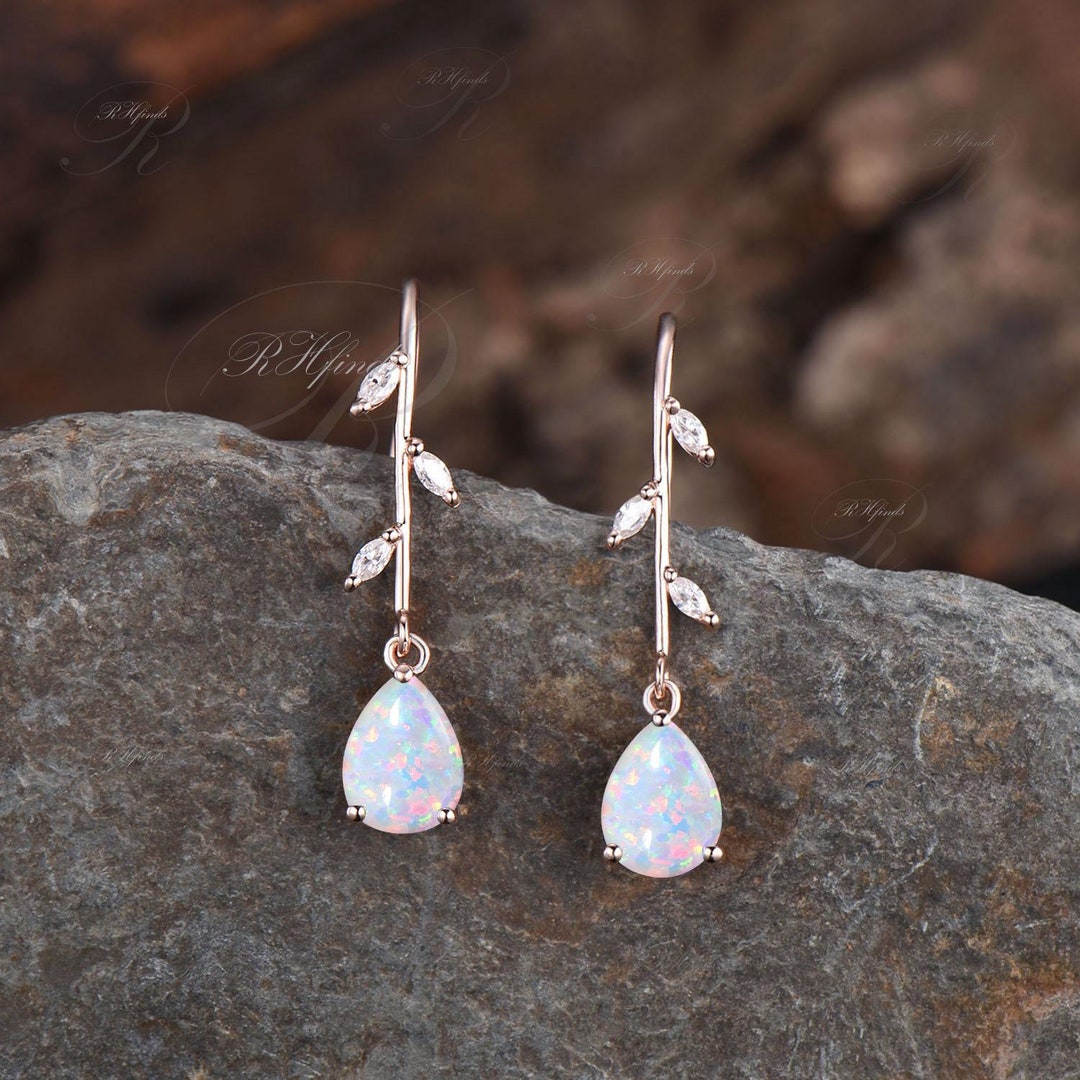 Delicate Pear Cut Opal Drop Earrings Minimalist October Birthstone Opal ...