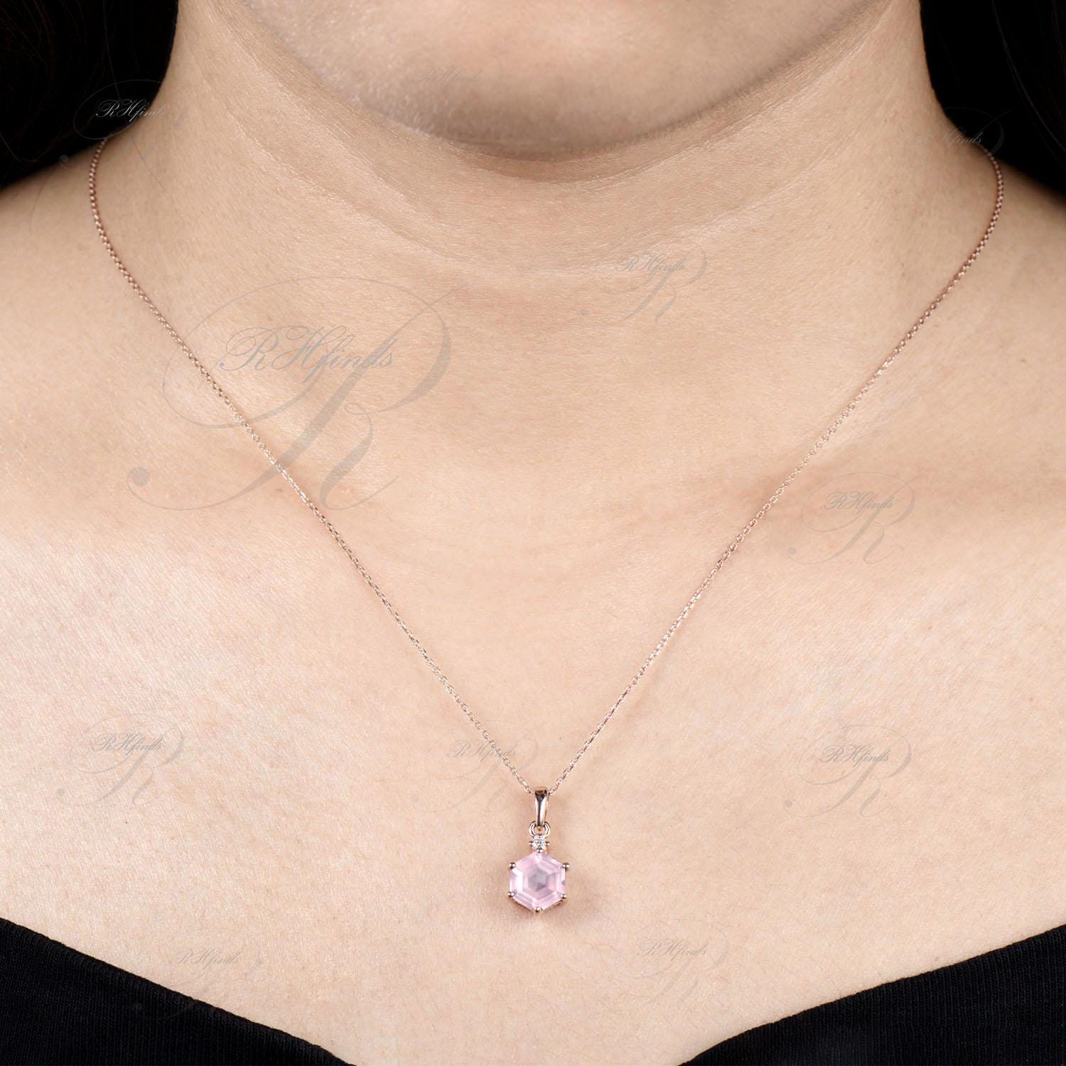 Delicate Hexagon Cut Natural Rose Quartz Necklace Unique Moissanite Two ...