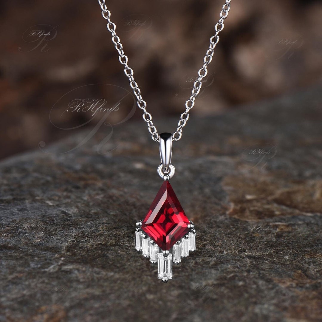 Delicate Kite Cut Ruby Necklace Unique Baguette Cut Moissanite Cluster ...