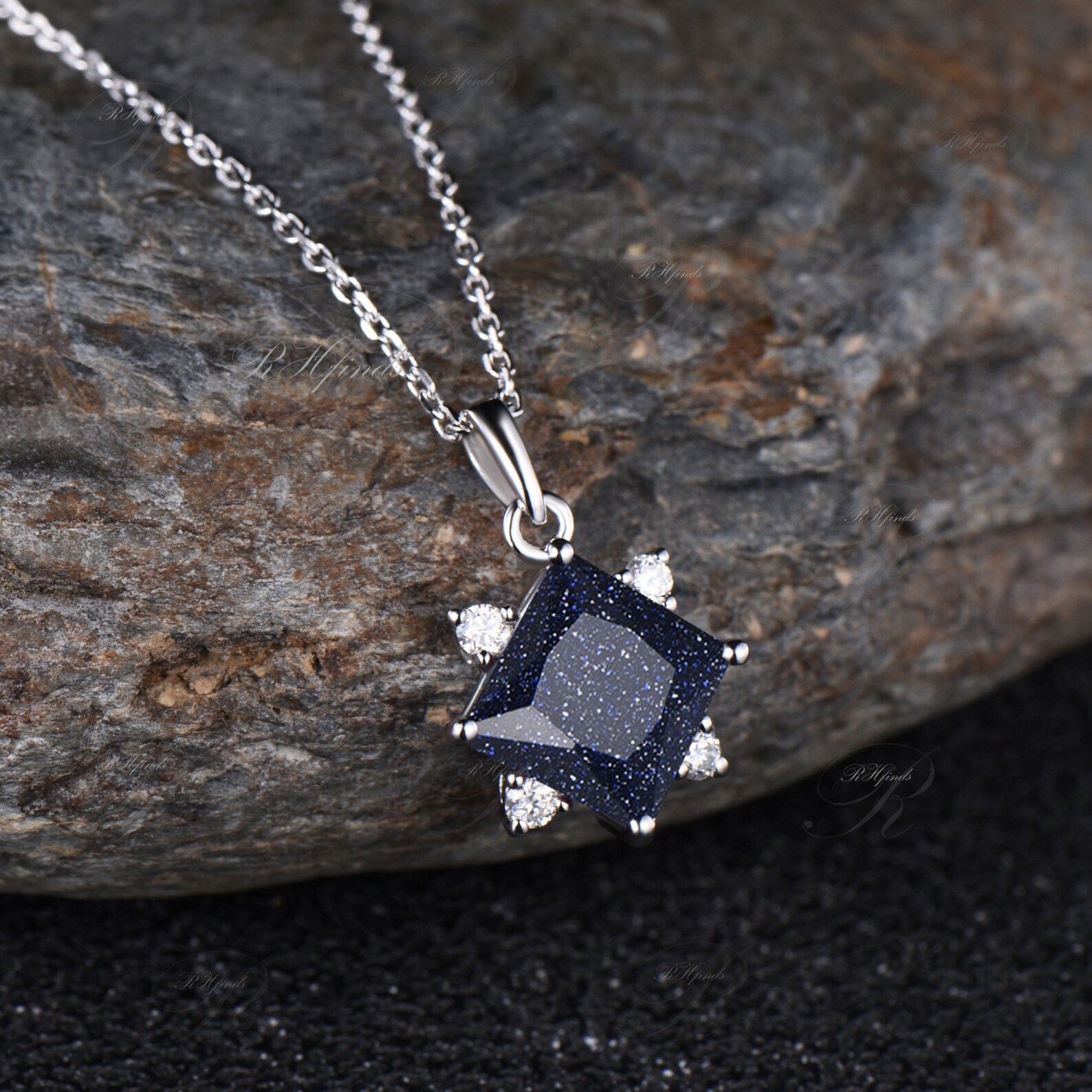Delicate Princess Cut Blue Sandstone Necklace Unique Blue Gemstone ...