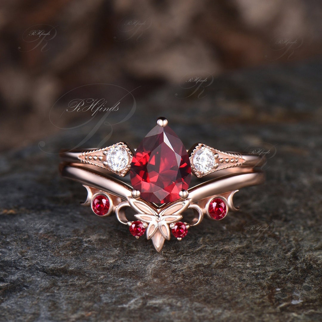 Vintage Teardrop Ruby Engagement Ring Set Milgrain Three Stone Wedding ...