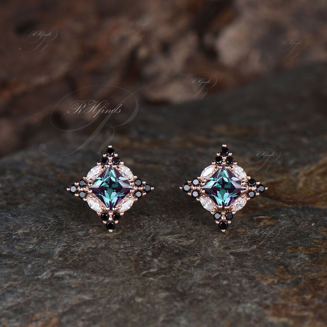 Unique Princess Cut June Birthstone Alexandrite Earrings Black Spinel ...