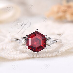 Unique Hexagon Ruby Engagement Ring Set Vintage July Birthstone Red ...