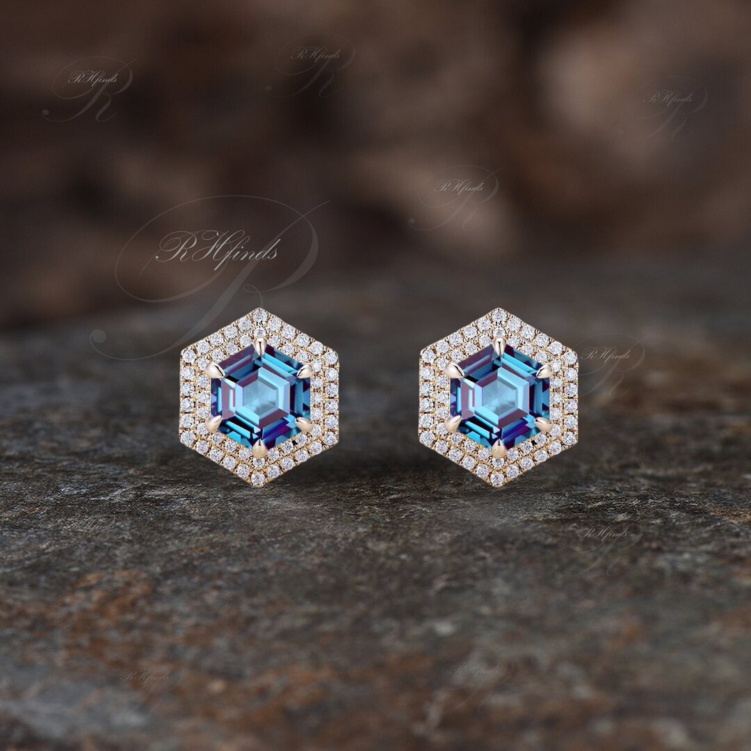 Art Deco Hexagon Cut June Birthstone Alexandrite Earrings Unique Double ...
