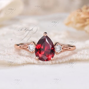 Vintage Teardrop Ruby Engagement Ring Set Milgrain Three Stone - Etsy