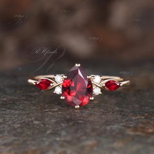 Unique Teardrop Ruby Ring Set Vintage Pear Cut Ruby Engagement Ring Set ...