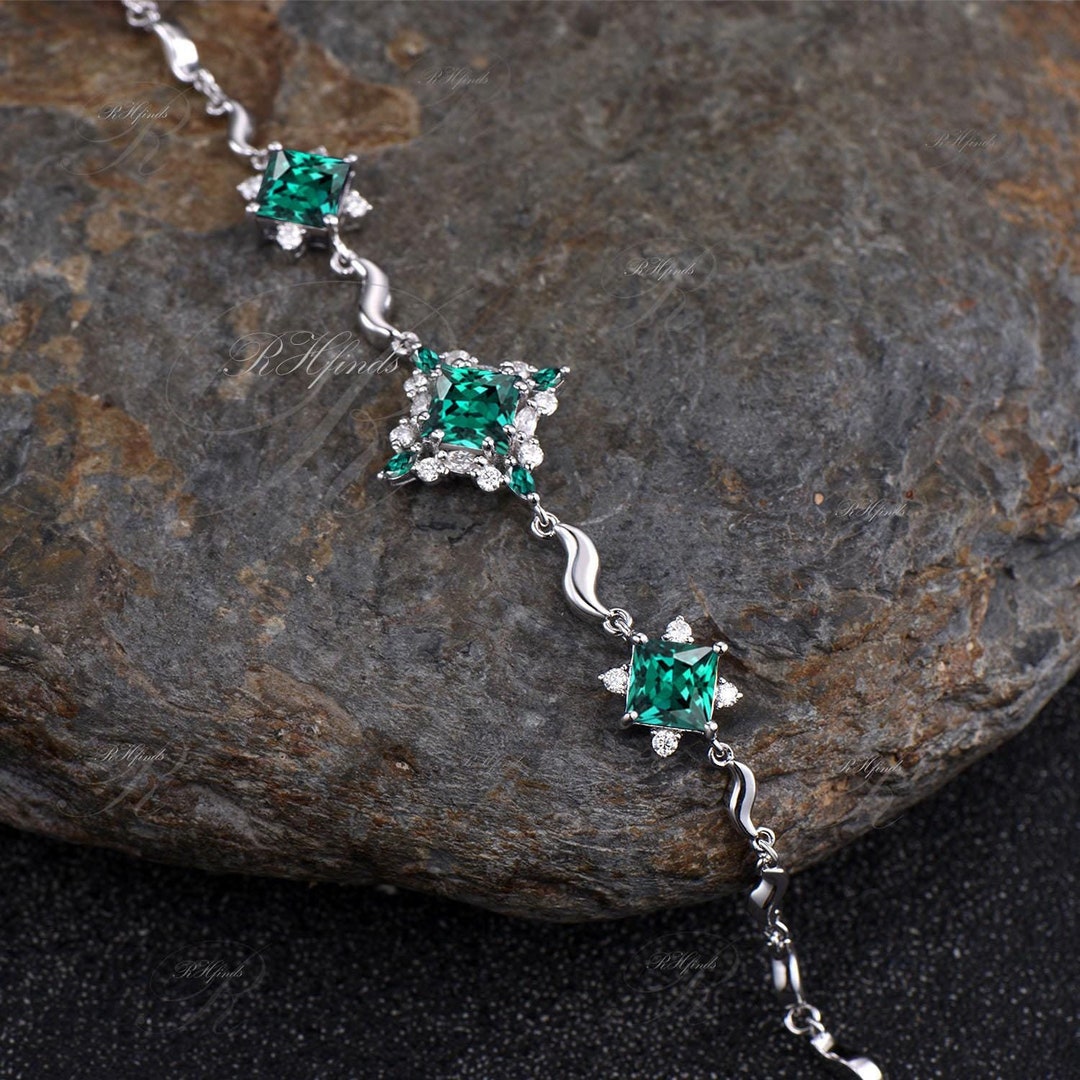 Art Deco Princess Cut Emerald Bracelet Delicate 14k White Gold May ...