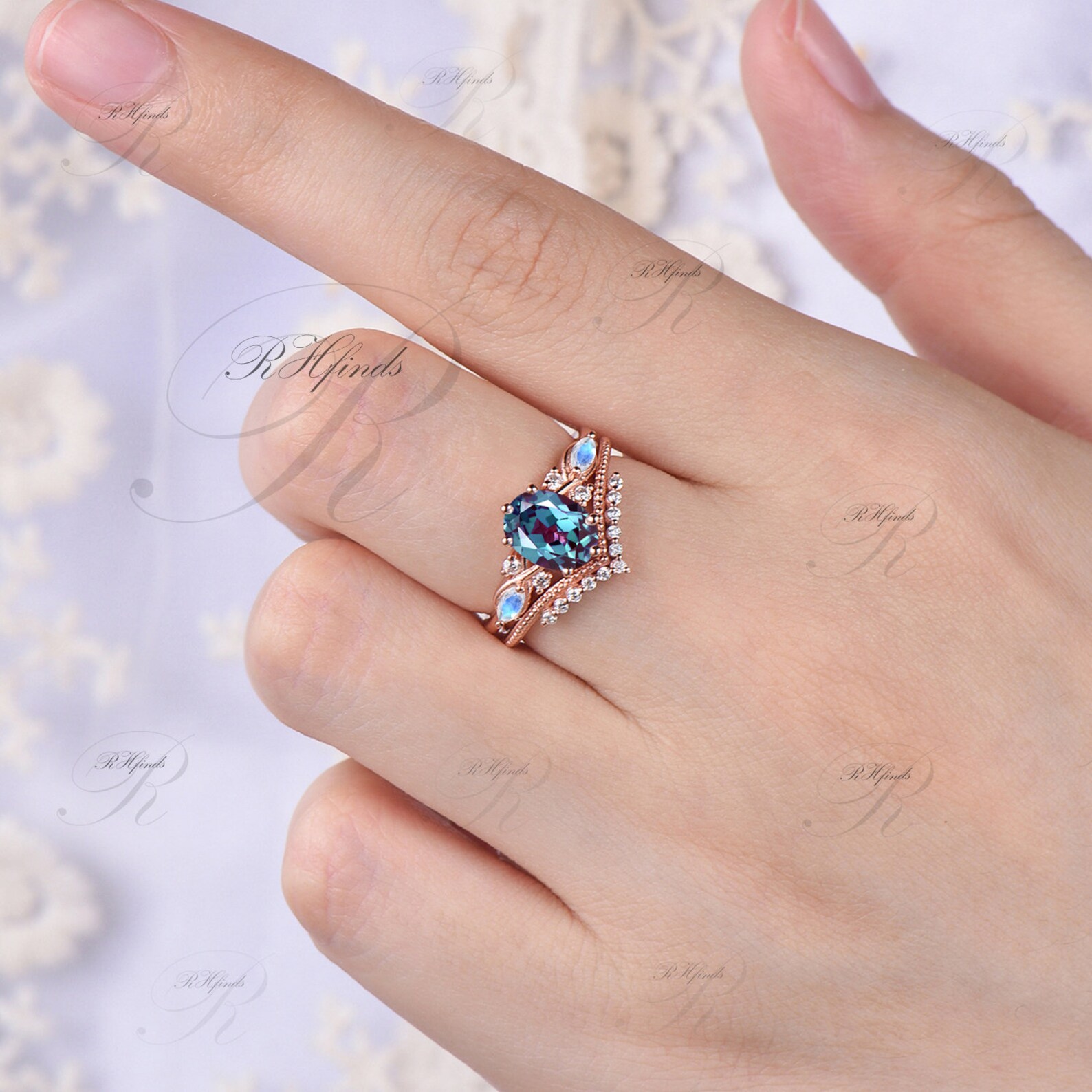 Rose Gold Alexandrite Ring Set Vintage Unique Oval Alexandrite - Etsy