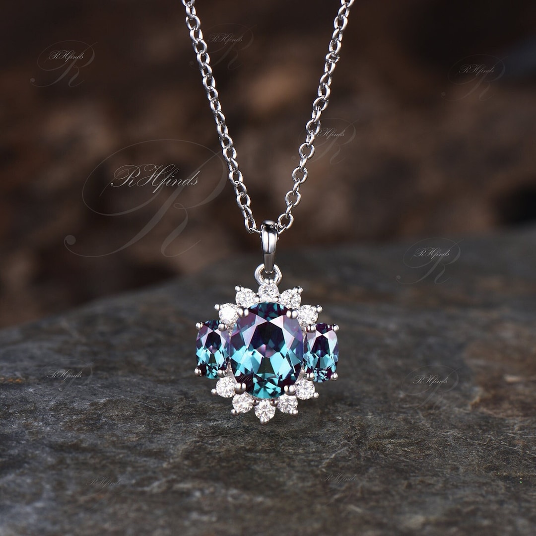 Unique June Birthstone Oval Alexandrite Necklace Three Stone ...