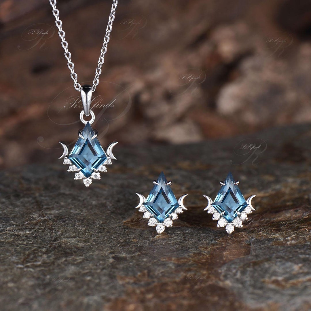 Art Deco Kite Cut Natural London Blue Topaz Jewelry Set Unique ...