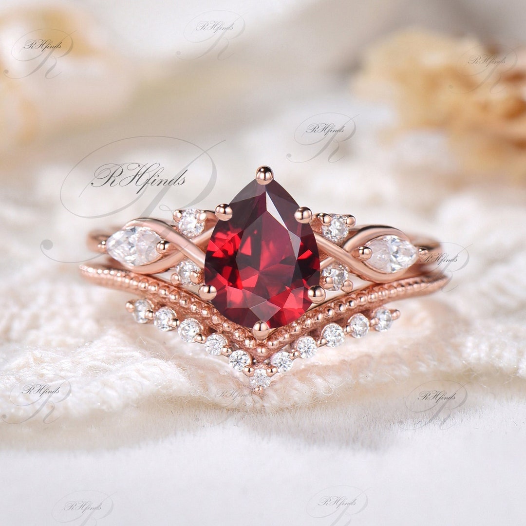 Unique Teardrop Ruby Engagement Ring Set Rose Gold Seven Stone - Etsy