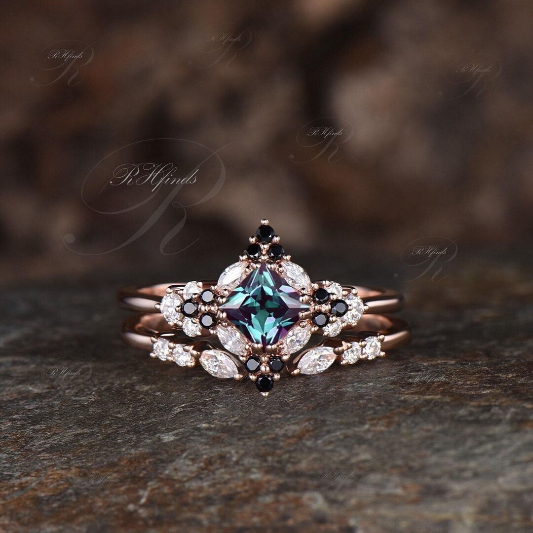 Color Change Alexandrite Halo Cluster Engagement Ring Princess Cut 14k ...