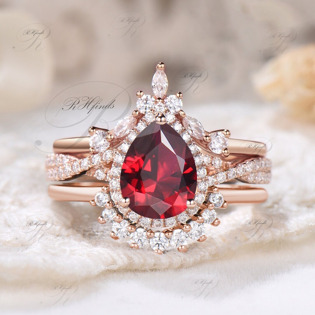 Unique Pear Cut Ruby Engagement Ring Set Vintage July Birthstone ...