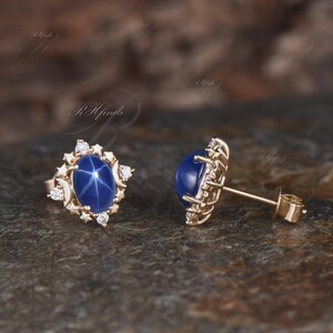 Unique Oval Cut Blue Star Sapphire Stud Earrings Art Deco Moon Star ...
