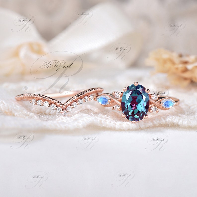 Rose Gold Alexandrite Ring Set Vintage Unique Oval Alexandrite - Etsy