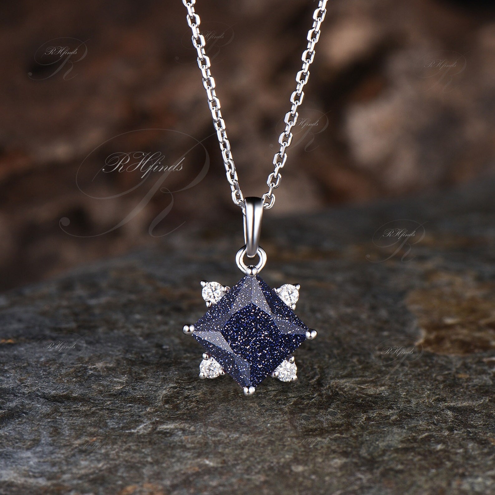 Delicate Princess Cut Blue Sandstone Necklace Unique Blue Gemstone ...