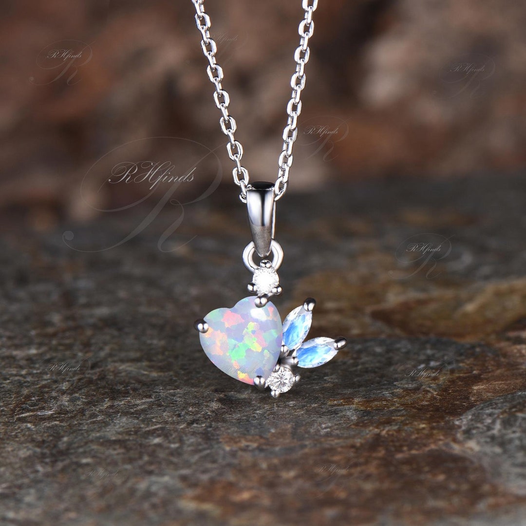 Unique Heart Shaped October Birthstone Opal Necklace Art Deco Round ...