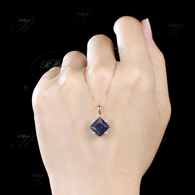 Delicate Princess Cut Blue Sandstone Necklace Unique Blue Gemstone ...