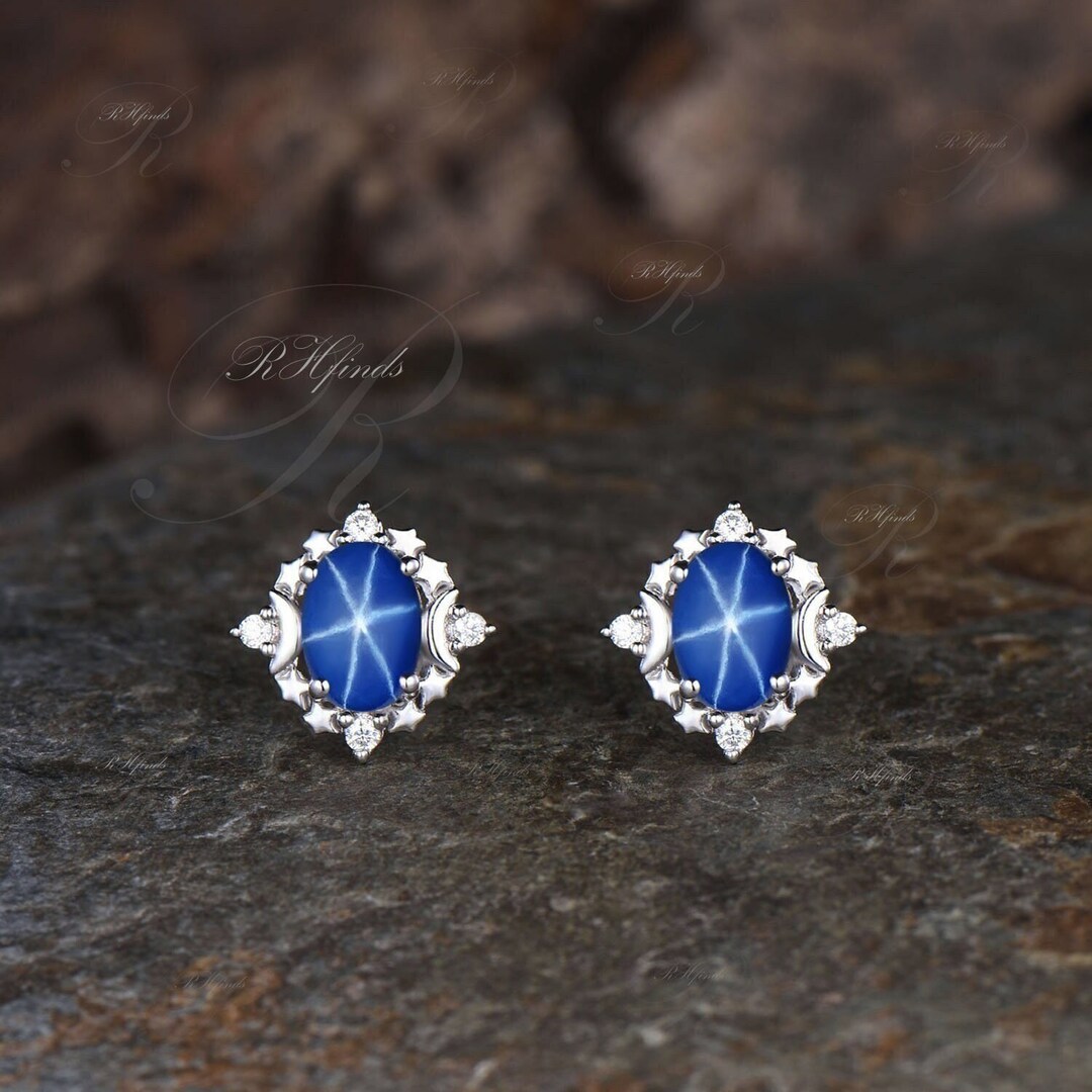 Unique Oval Cut Blue Star Sapphire Stud Earrings Art Deco Moon Star ...