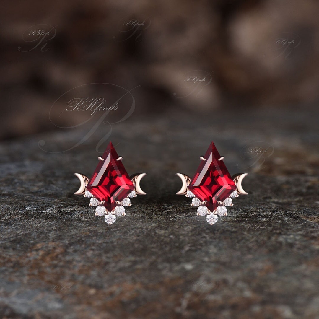 Vintage Kite Cut Ruby Stud Earrings Unique July Birthstone Red Gemstone ...
