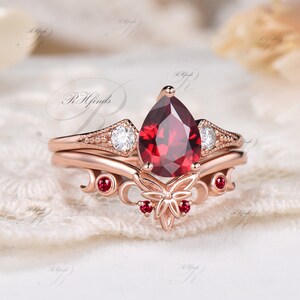 Vintage Teardrop Ruby Engagement Ring Set Milgrain Three Stone - Etsy