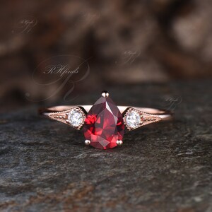 Vintage Teardrop Ruby Engagement Ring Set Milgrain Three Stone Wedding ...