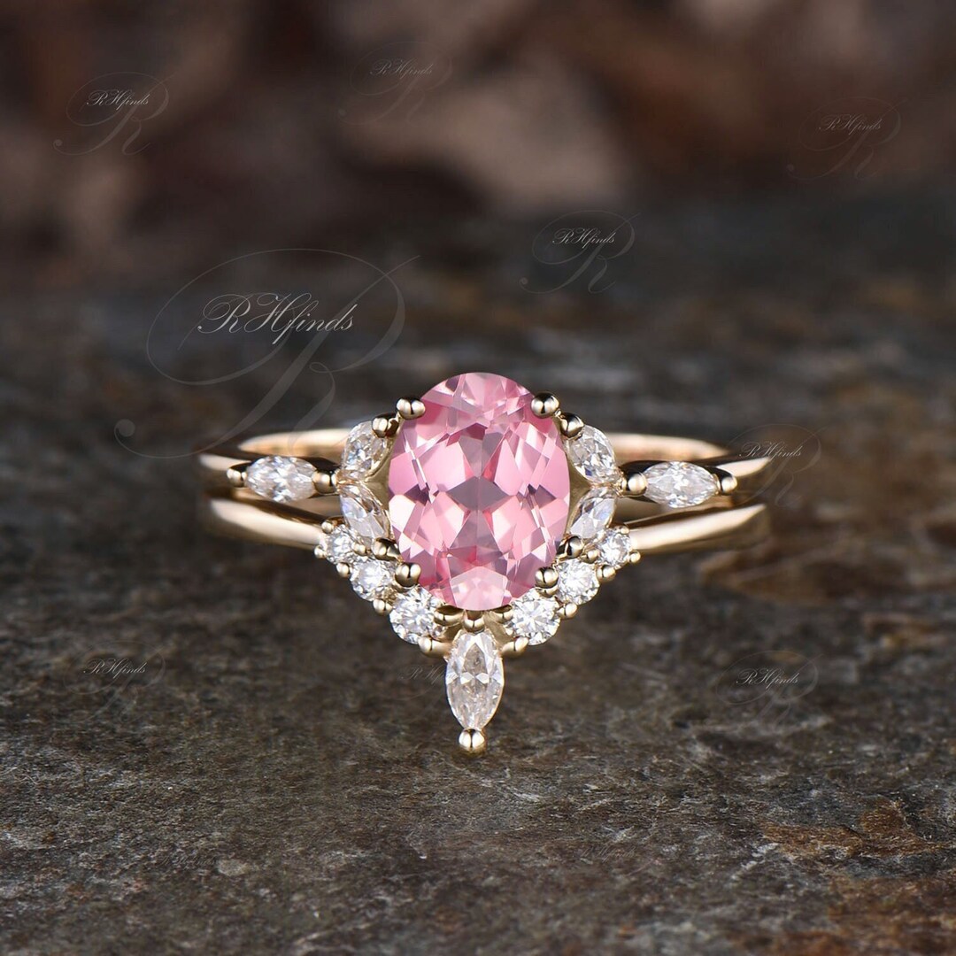 Unique Oval Cut Papalacha Sapphire Engagement Ring Set Art Deco 14k ...