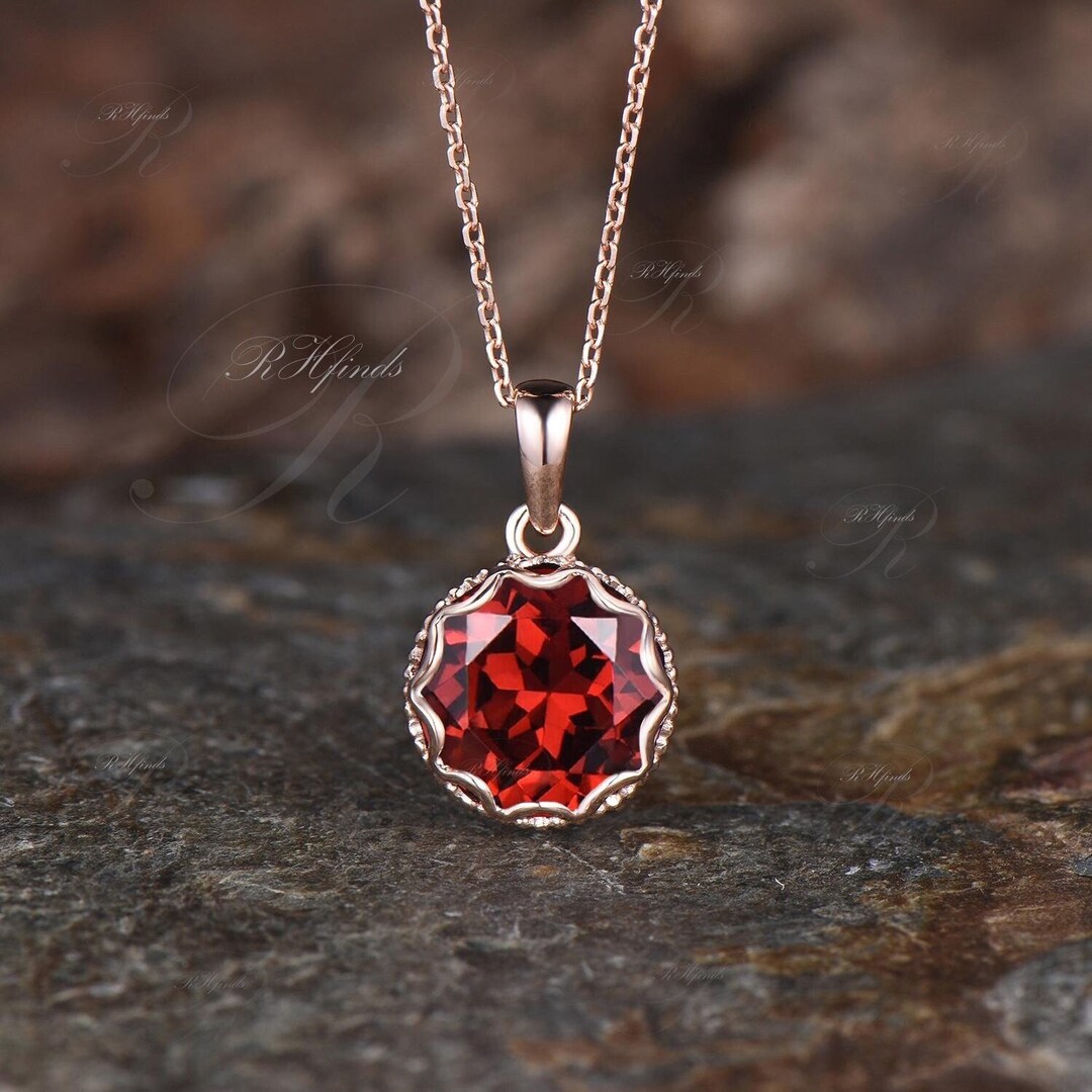 Milgrain 3ct Round Cut Natural Garnet Necklace Vintage Lace Pendant ...