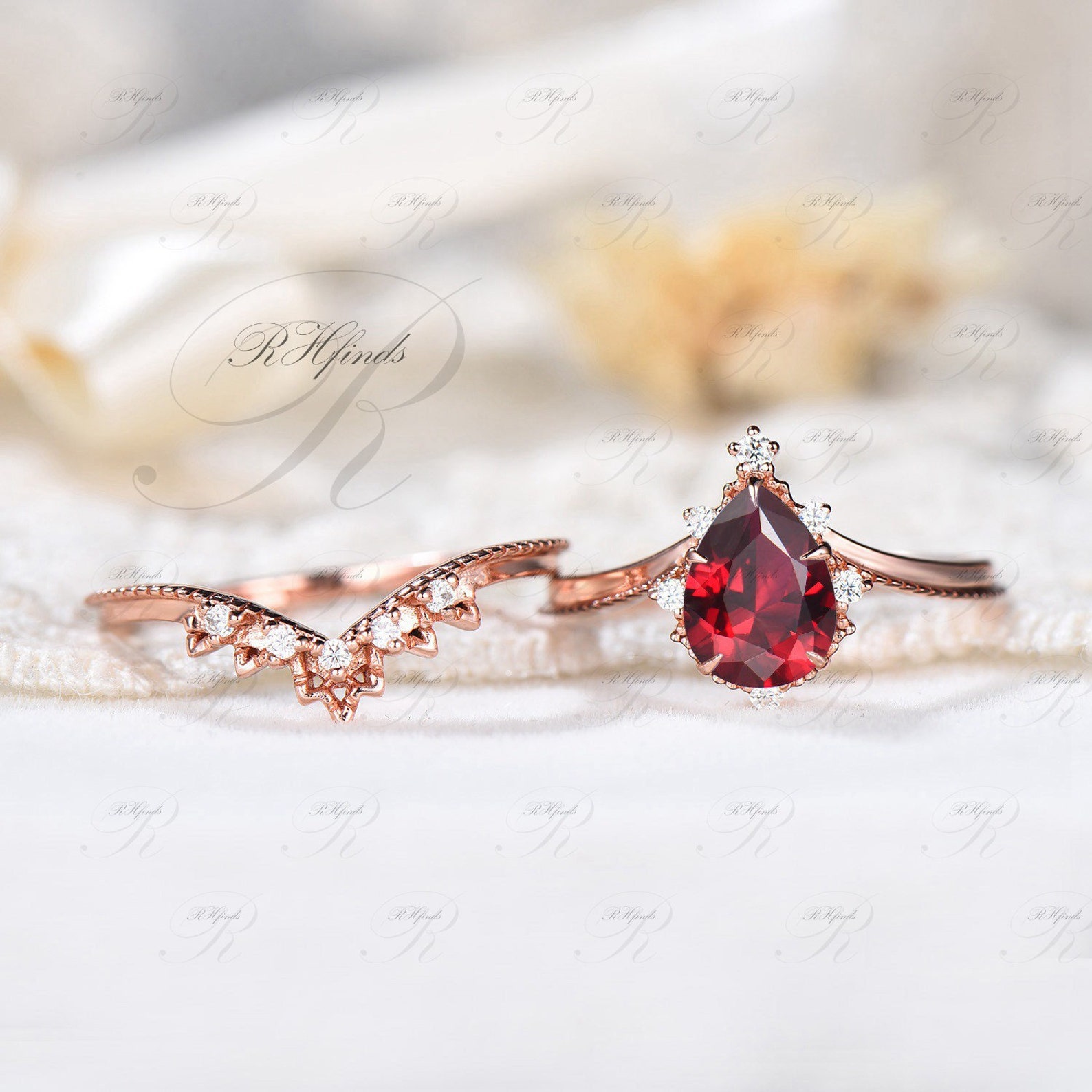 Teardrop Ruby Ring Set 6x8mm Ruby Engagement Ring Sterling - Etsy