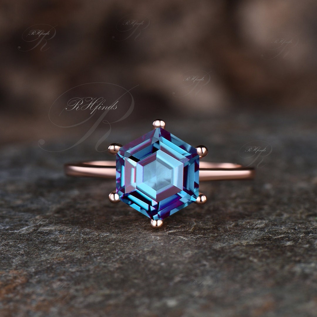 Unique Hexagon Cut Alexandrite Solitaire Ring Vintage June Birthstone ...